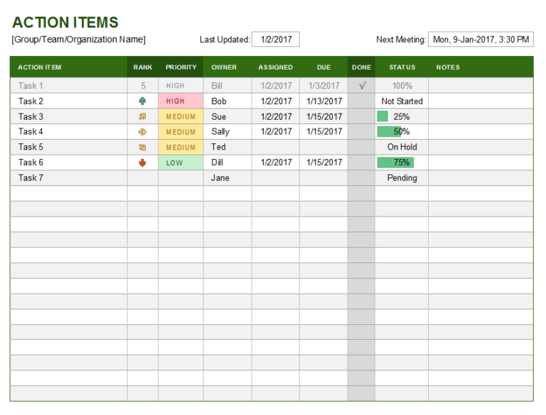 Project Action Items Management Template | Sample Formats