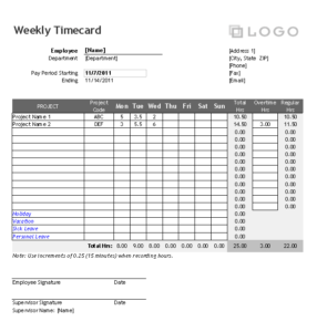 Weekly Project Time Card Management Template | Sample Formats