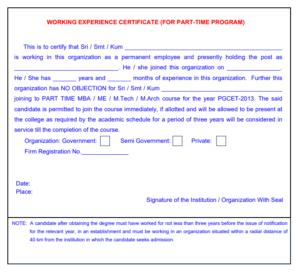 Part-Time Program Experience Certificate Format | Sample Formats