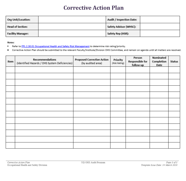 Corrective Action Plan Template | Sample Formats